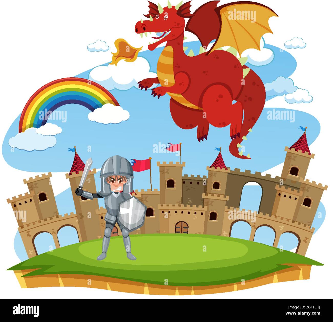 Knights fight with dragon at the castle illustration Stock Vector Image ...
