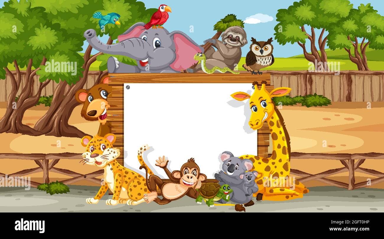 Empty wooden frame with various wild animals in the forest illustration ...