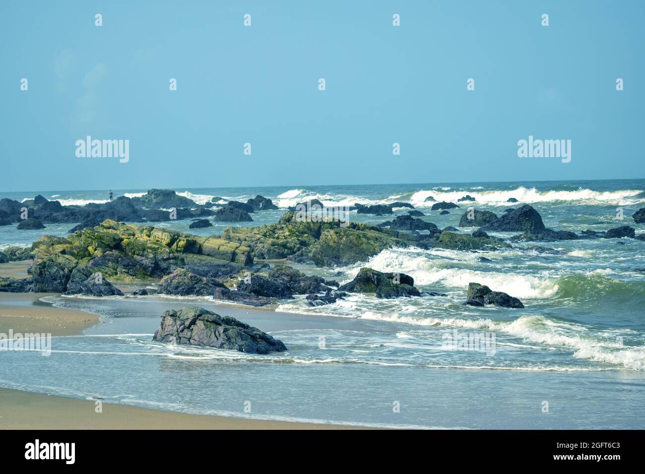 Ocean-Sea Waves, Rock stones and Sky Blue Landscape Background Stock ...
