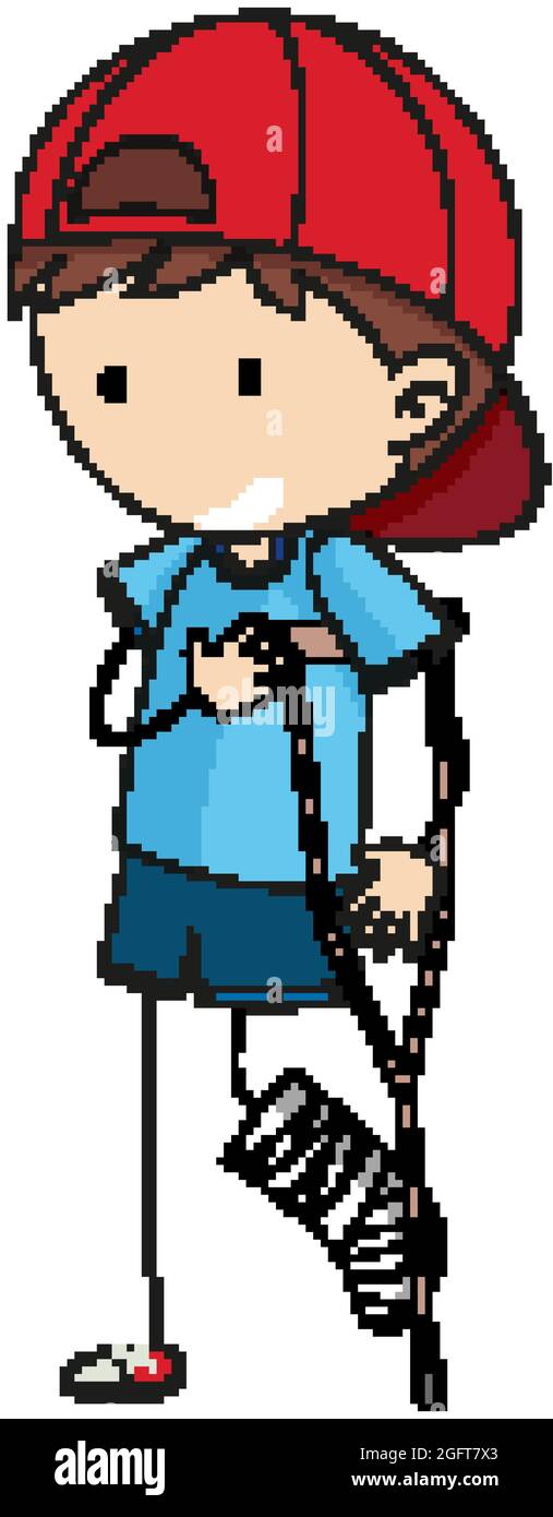 Doodle cartoon character of a boy wearing leg splint and wearing crutch ...