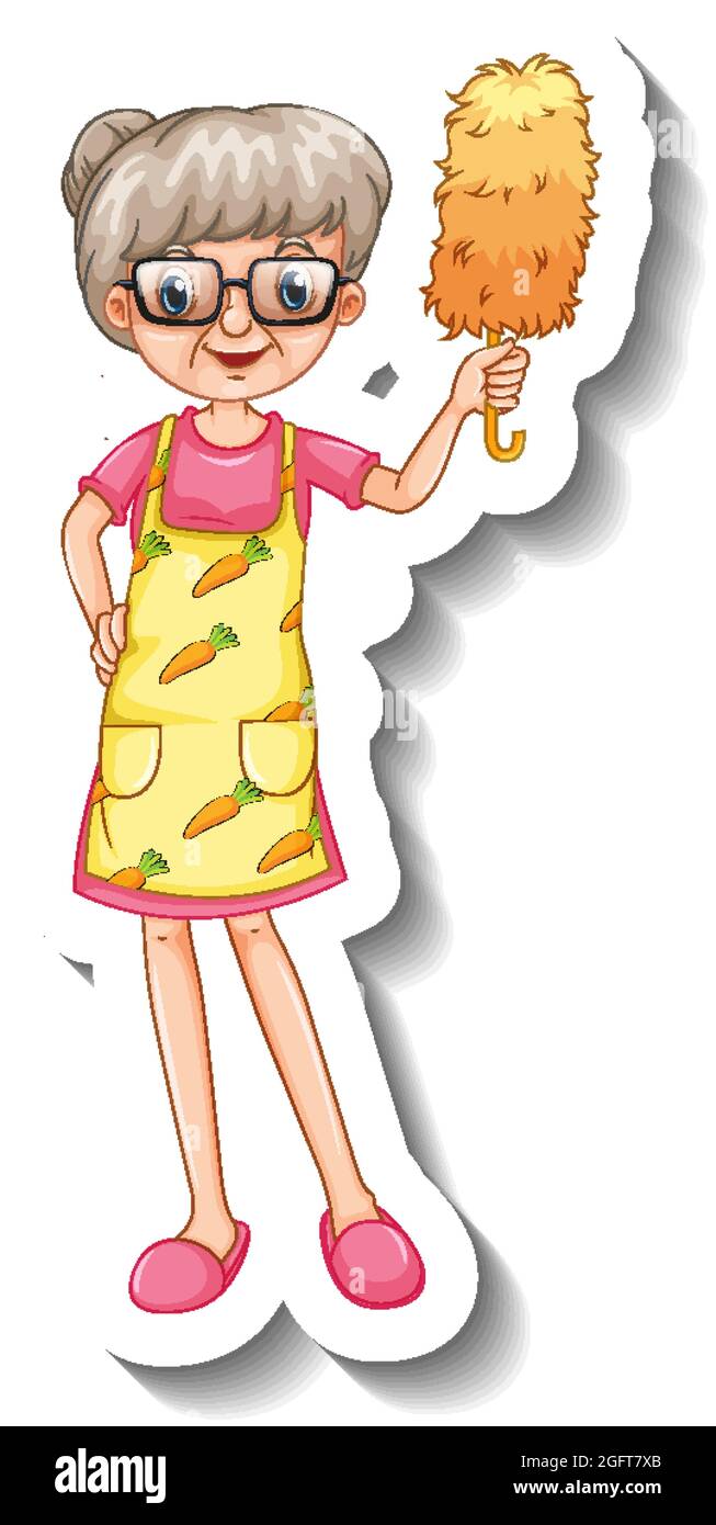 A sticker template with an old woman wearing maid costume in standing ...