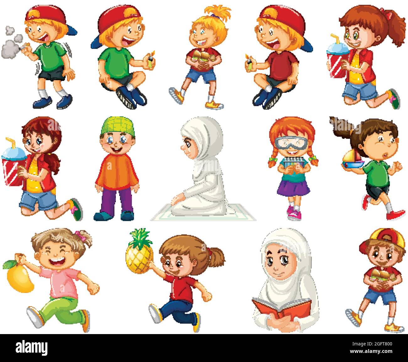 Children doing different activities cartoon character set on white ...