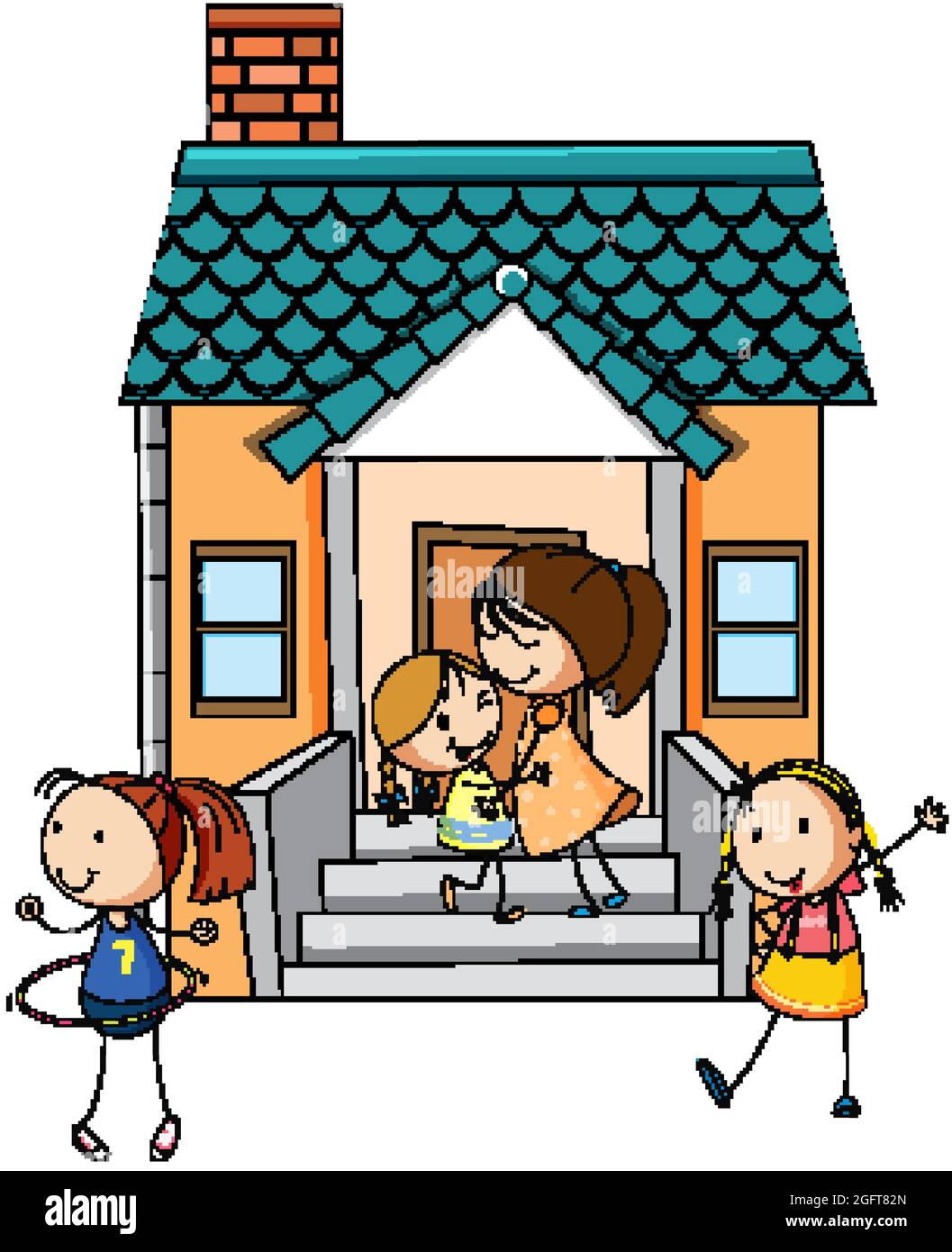 Front view of mini house with many kids on white background ...