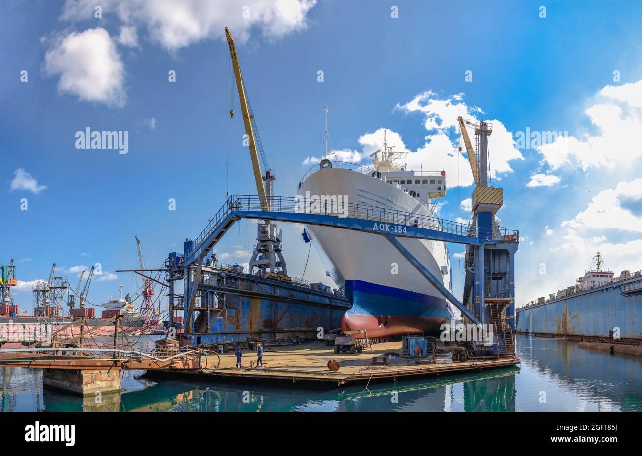 Chernomorsk, Ukraine. 21.03.2021. Large ship in dry dock of the ...
