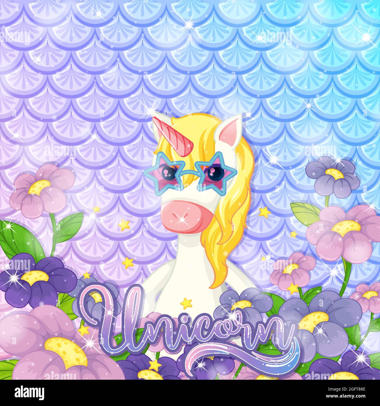 Cute unicorn on rainbow fish scales background illustration Stock ...