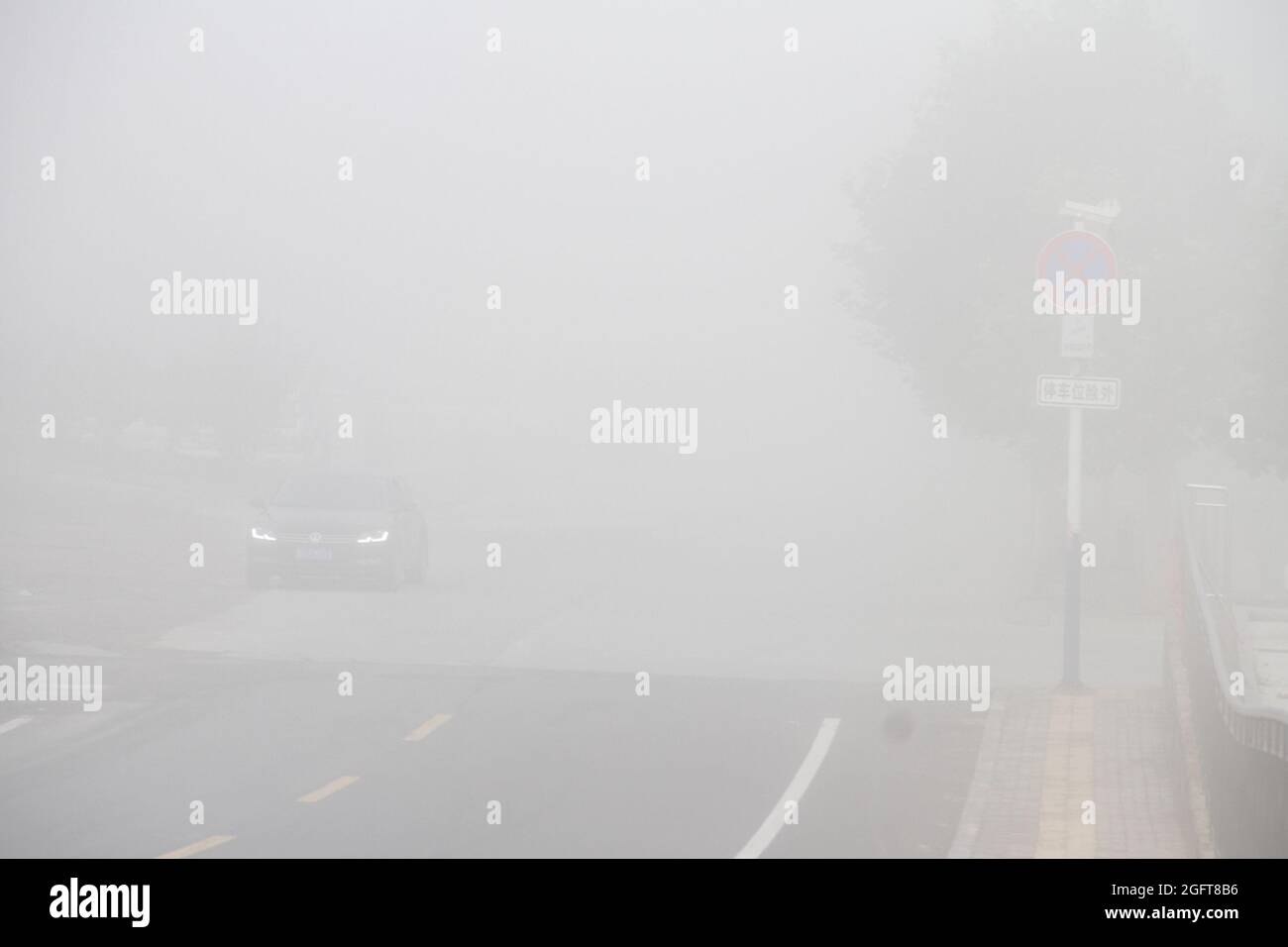People commute during the foggy weather in Weihai city, east China's ...