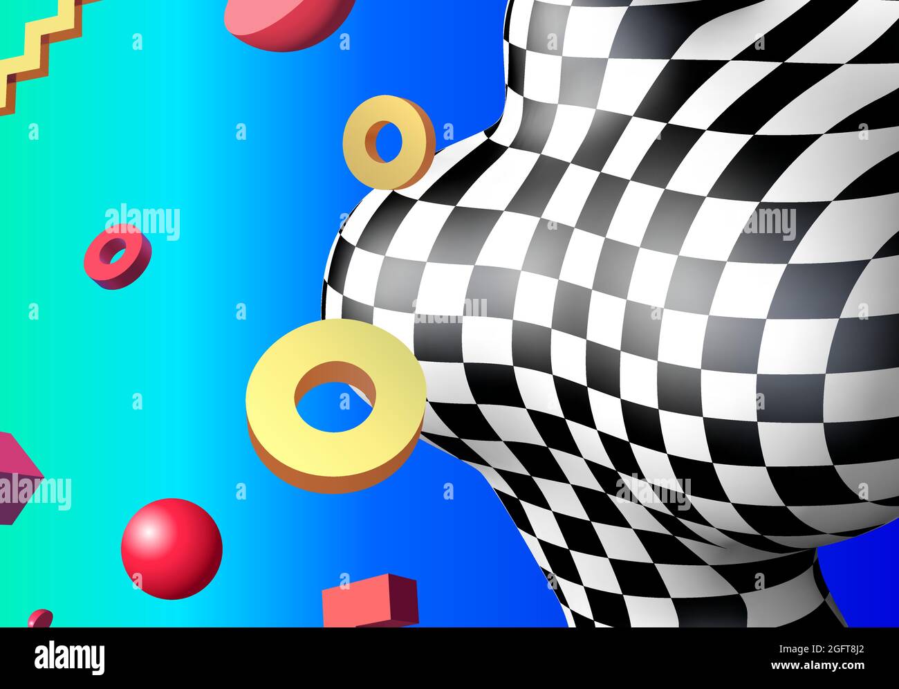 Abstract background with flying colorful 3D geometric shapes over ...