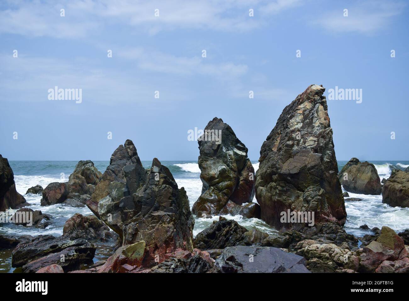 Ocean-Sea Waves, Rock stones and Sky Blue Landscape Background Stock ...