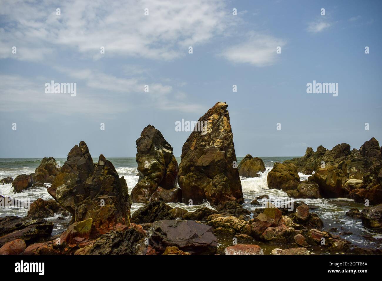 Ocean-Sea Waves, Rock stones and Sky Blue Landscape Background Stock ...