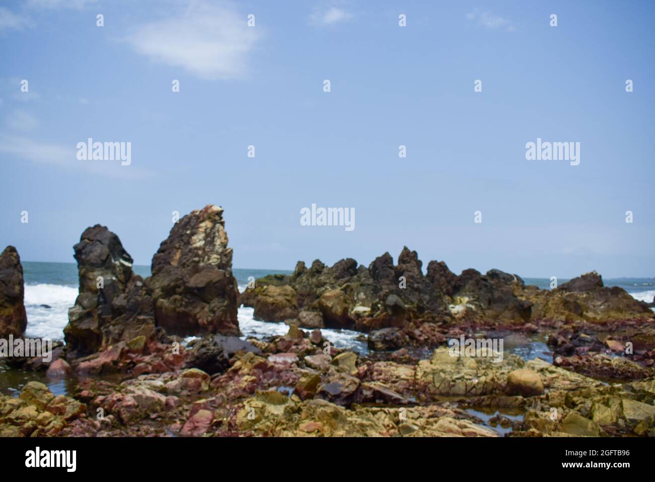 Ocean-Sea Waves, Rock stones and Sky Blue Landscape Background Stock ...