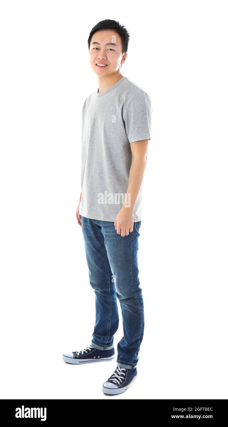 Asian man in blank grey t-shirt on white background Stock Photo - Alamy