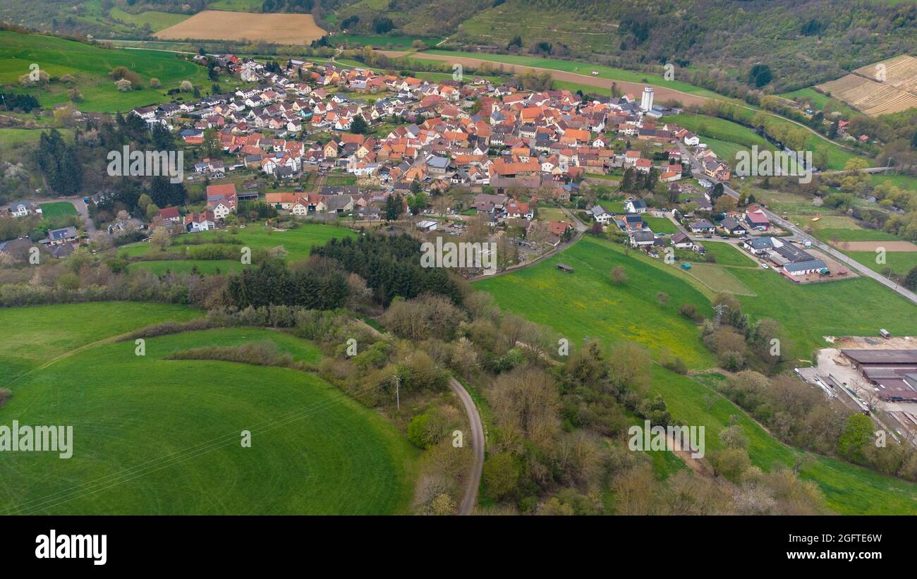 Aerial view of a landscape in Rhineland-Palatinate, Germany on the ...