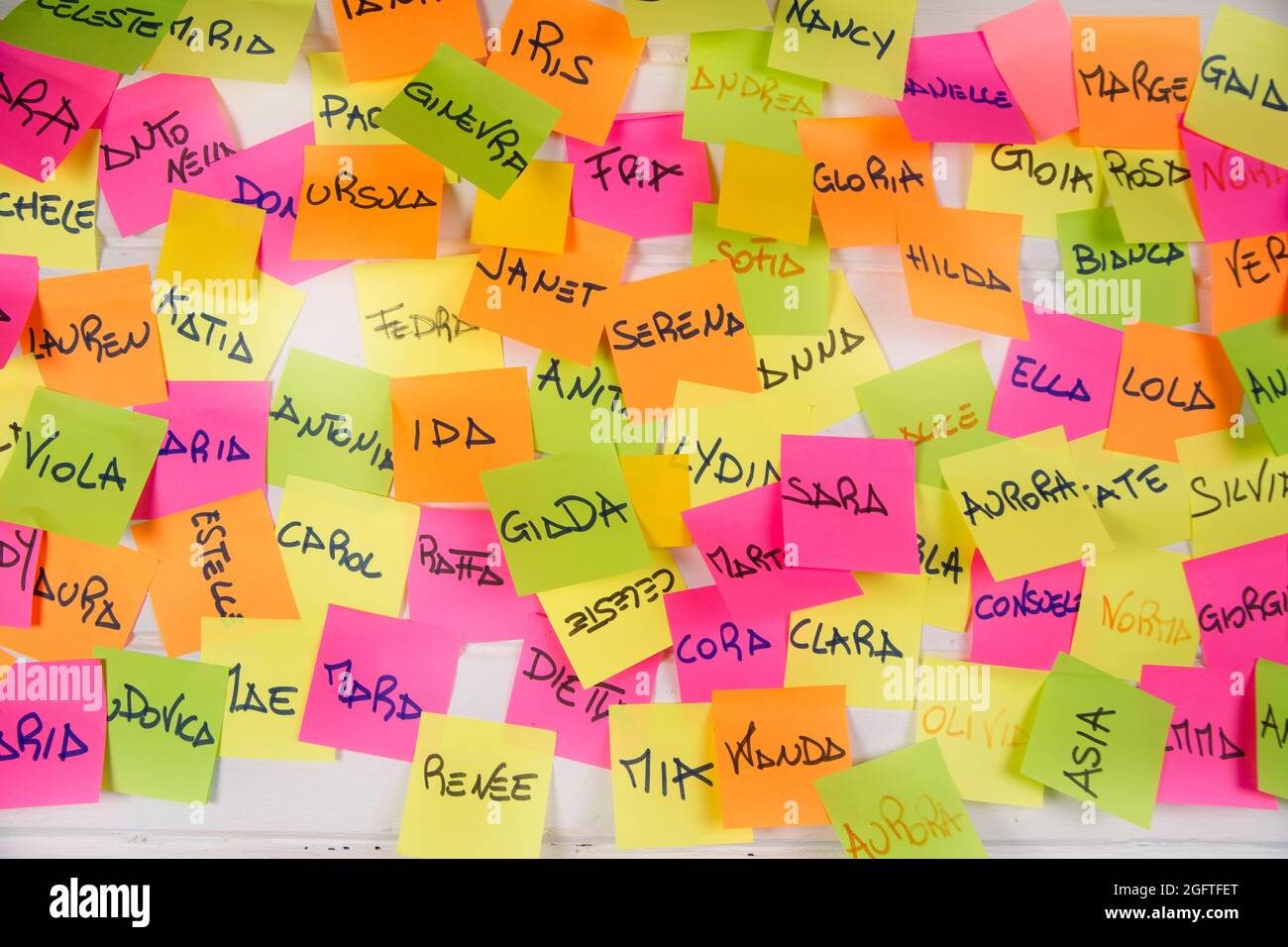 Women's names written on post it in different colors Stock Photo - Alamy