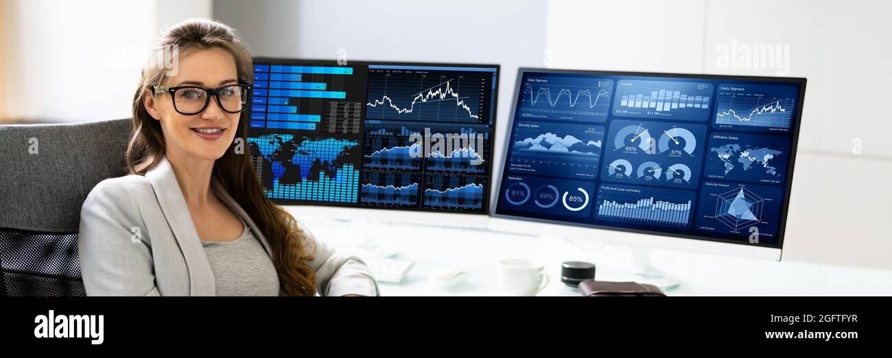 Analyst Woman Looking At Business Data Analytics Dashboard Stock Photo ...