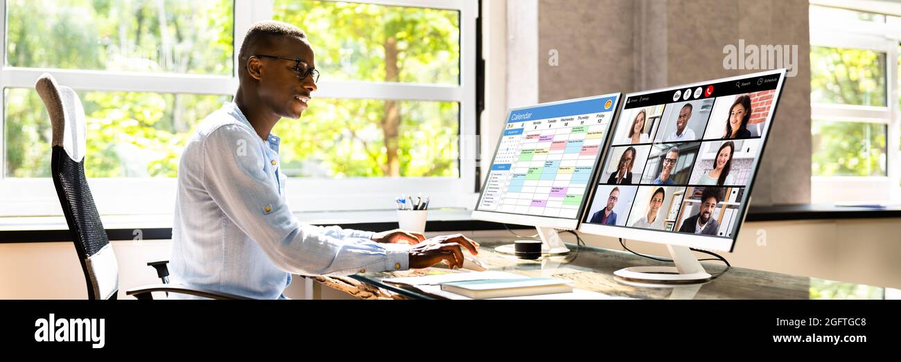 Telecommuting On Desktop Office Computer. Video Telework Banner Stock ...