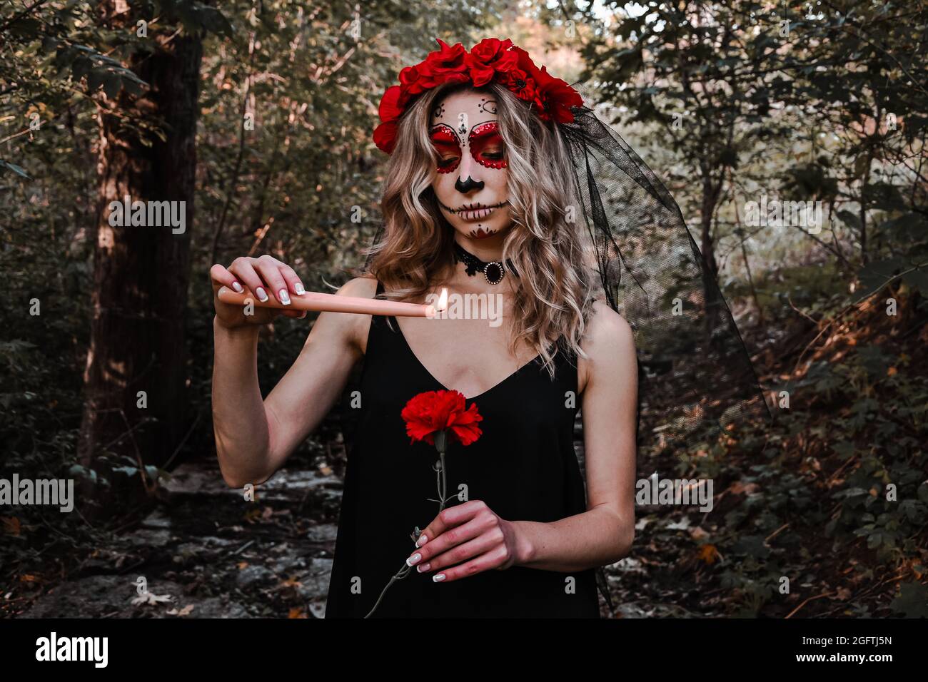 Happy Halloween concept. Scared horrible female in special outfit ...