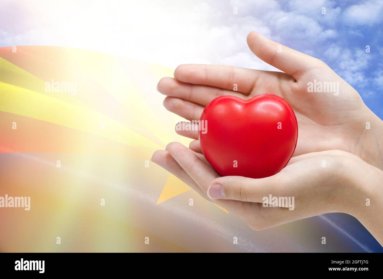 Child's hands hold a heart on the background of the flag of State of ...