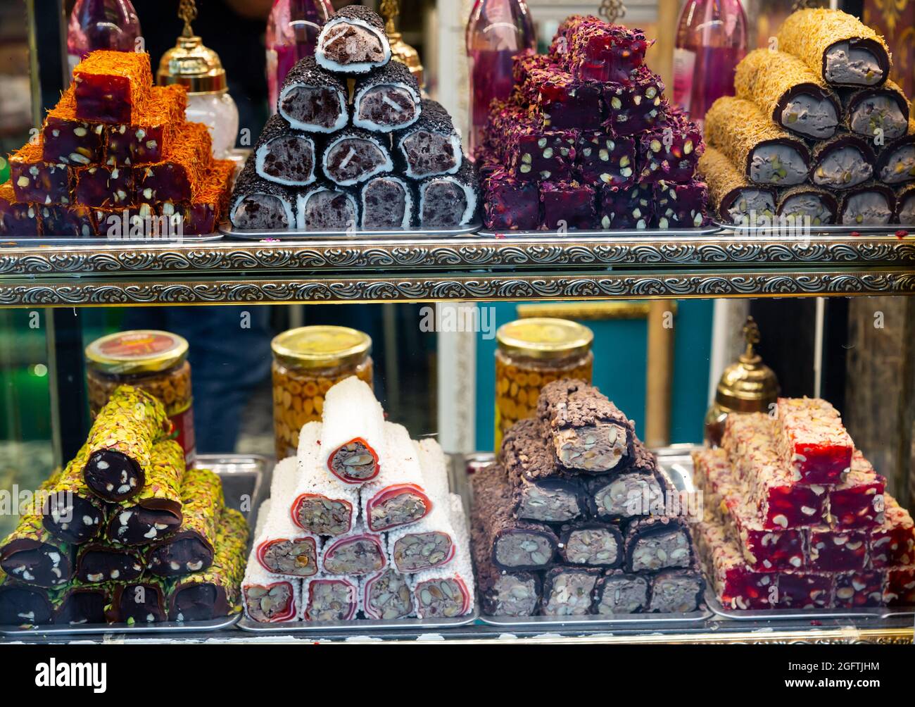 Turkish delight of various varieties on showcase Stock Photo - Alamy
