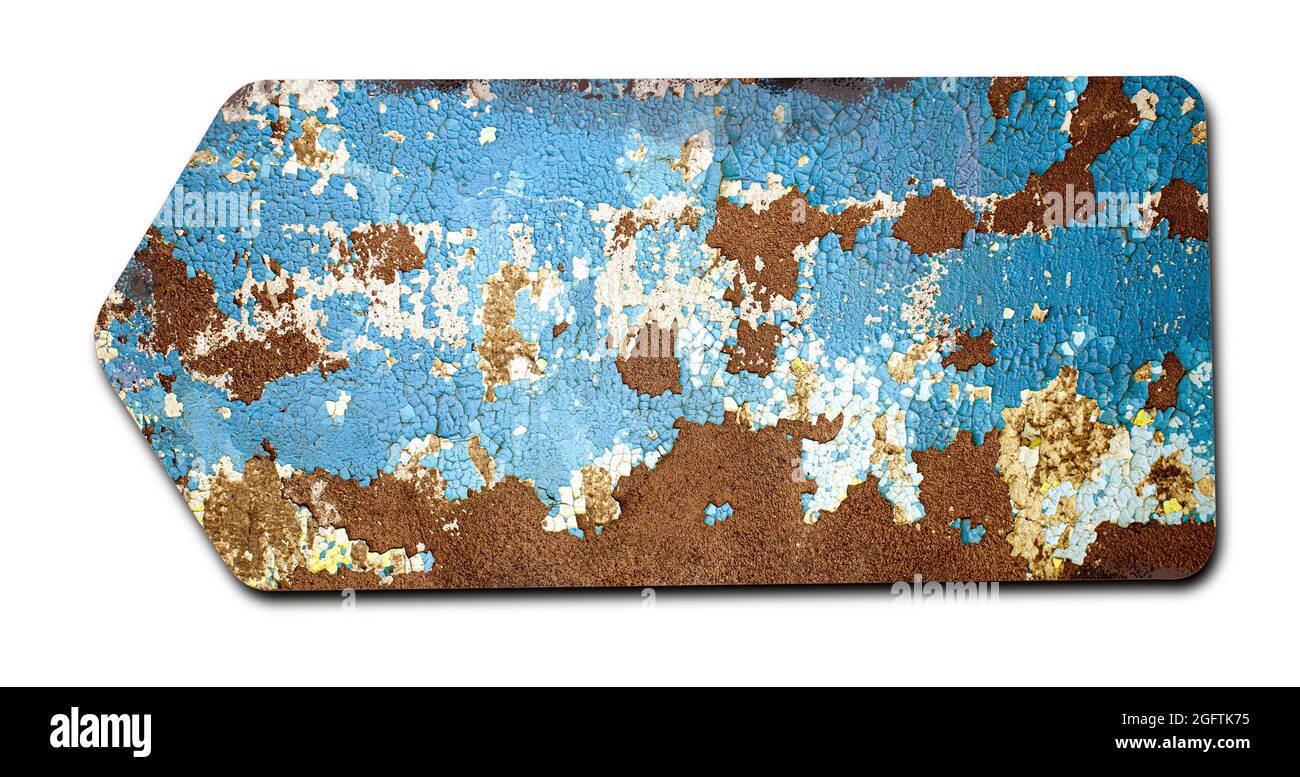 close up of an empty rusty sign on white background with clipping path ...