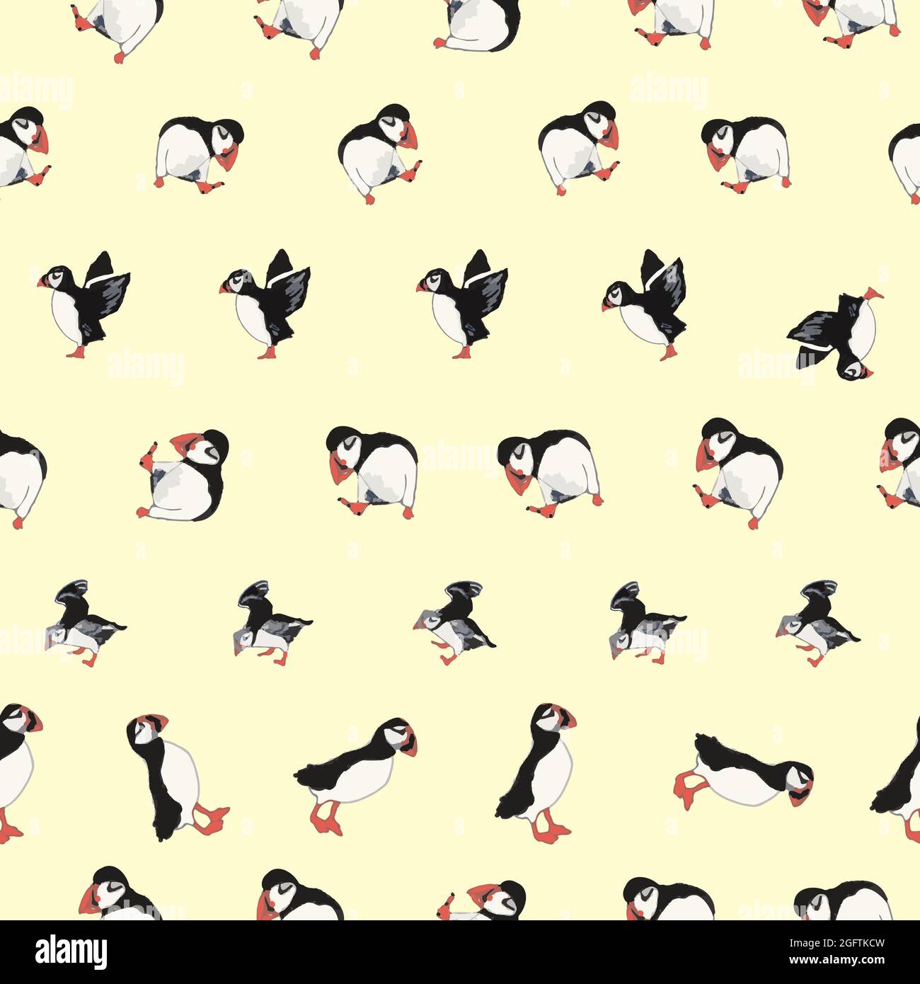 Vector yellow background ocean seabird, arctic birds, puffins. Seamless ...