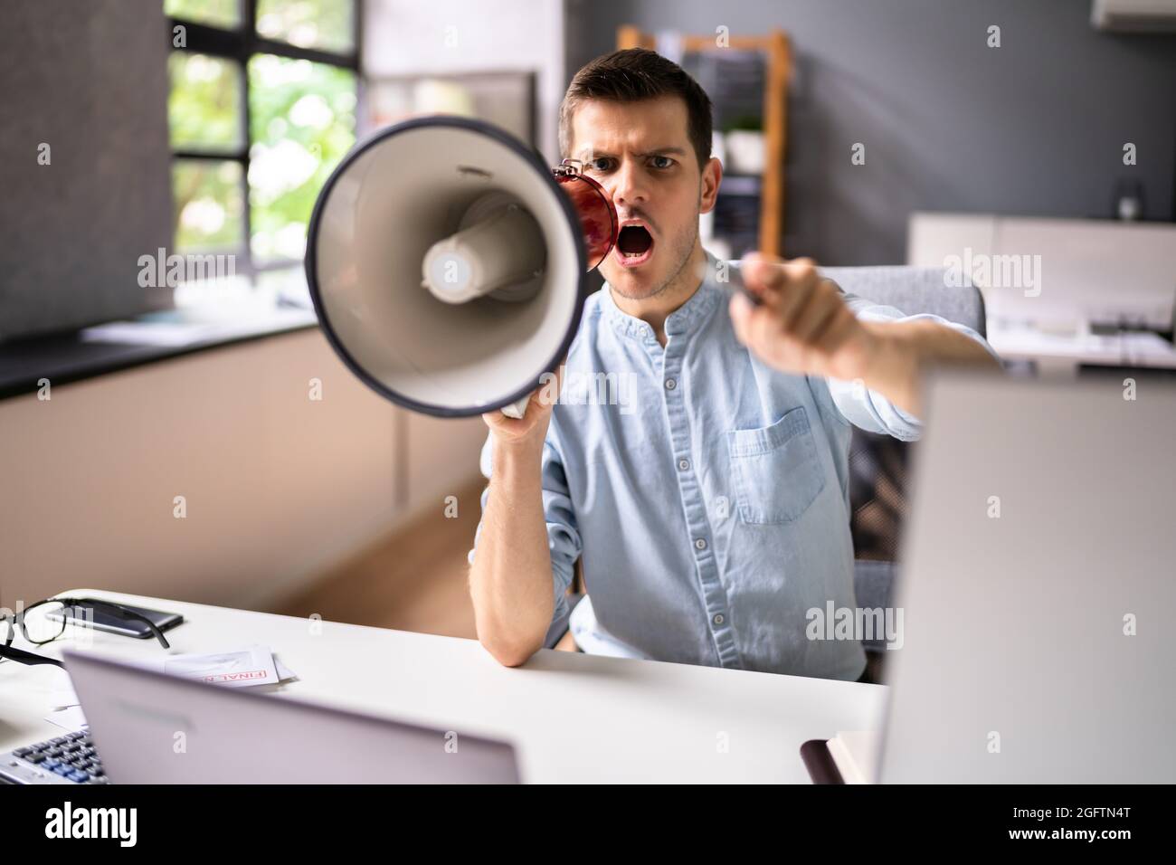 Angry Bully Boss Dominator Shouting In Business Meeting In Office Stock ...
