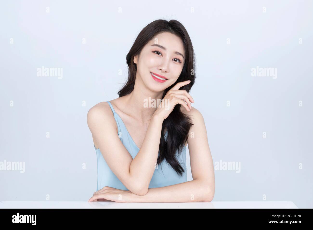 beautiful Korean Asian young woman model with hand motion, skin beauty ...