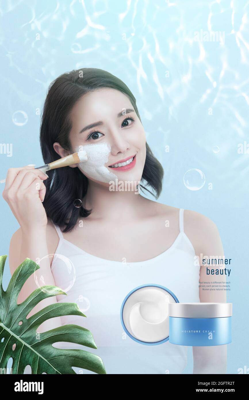 summer beauty, young Asian Korean model with mock up cosmetics ...