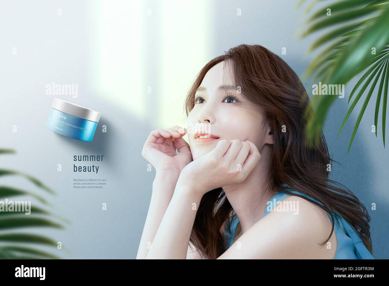 summer beauty, young Asian Korean model with mock up cosmetics ...