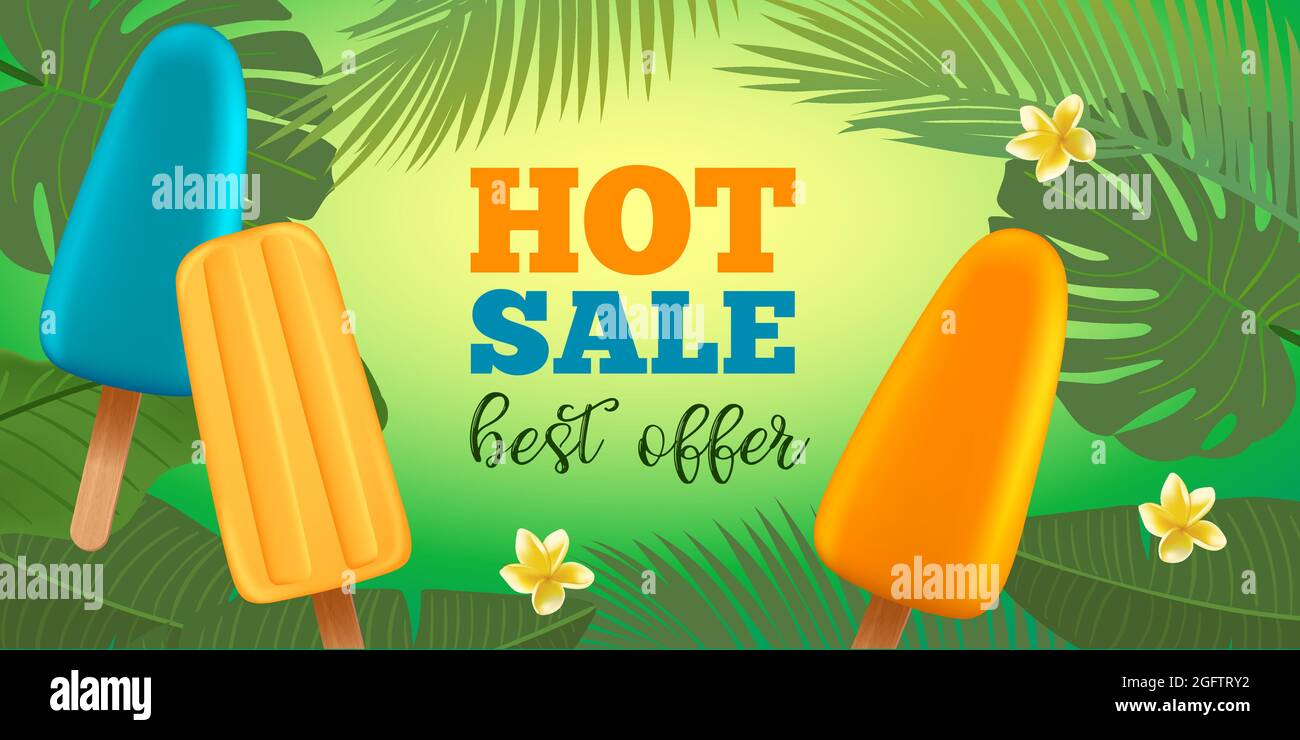 Summer sale banner template with popsicle ice cream, frangipani flower ...