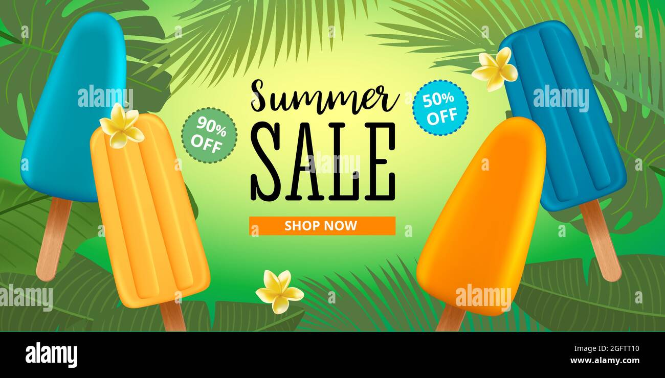 Summer sale banner template with popsicle ice cream, frangipani flower ...