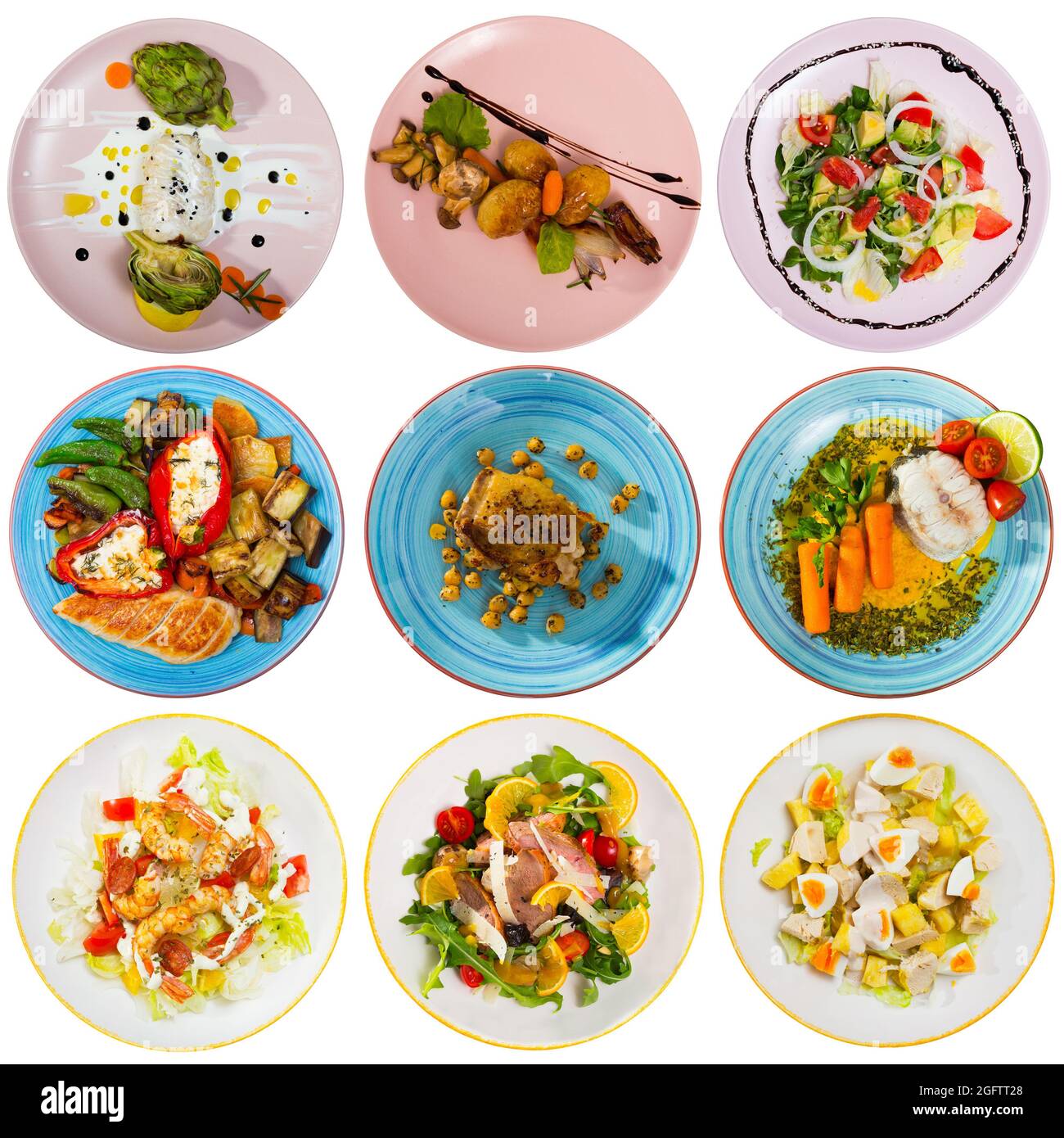 Collage of meals on round plates Stock Photo - Alamy