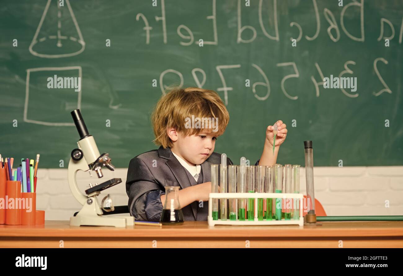 Chemical analysis. Science concept. Gifted child and wunderkind. Kid ...