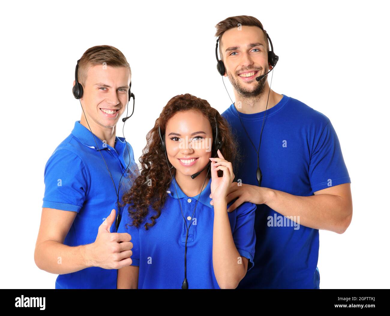 Team of friendly technical support dispatchers on white background ...