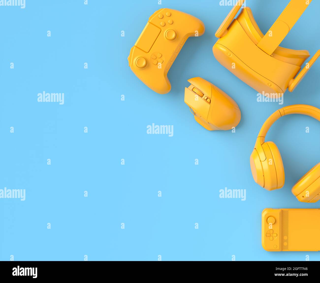 Top view of gamer gears like mouse, keyboard, joystick, VR glasses ...