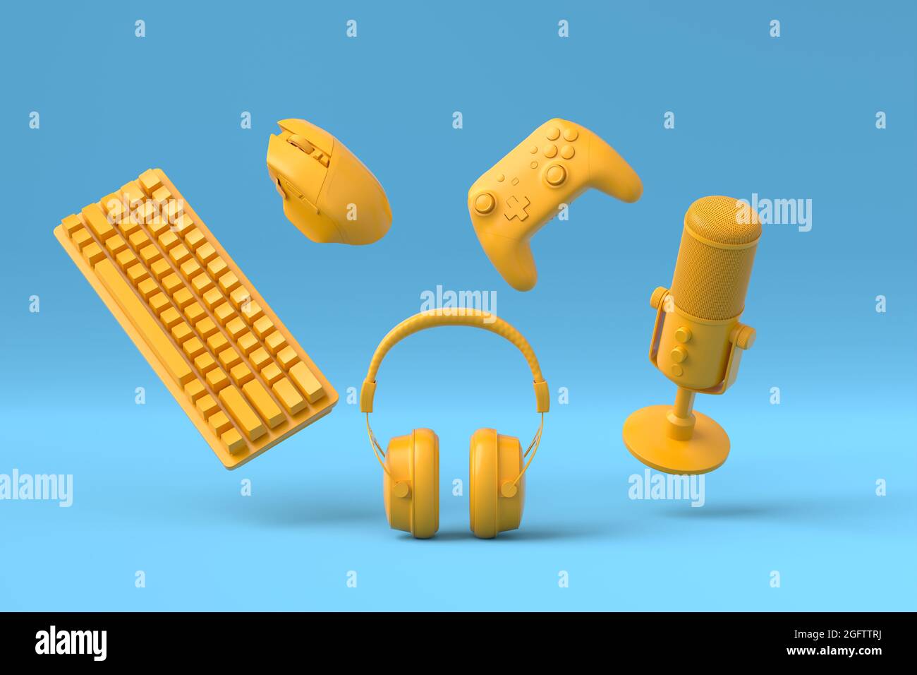 Flying gamer gears like mouse, keyboard, joystick, headset, VR ...