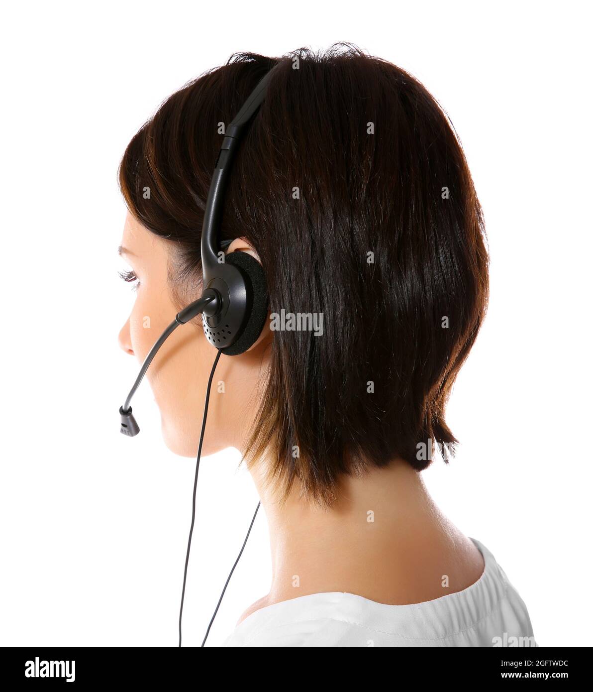 Female technical support call center dispatcher on white background ...