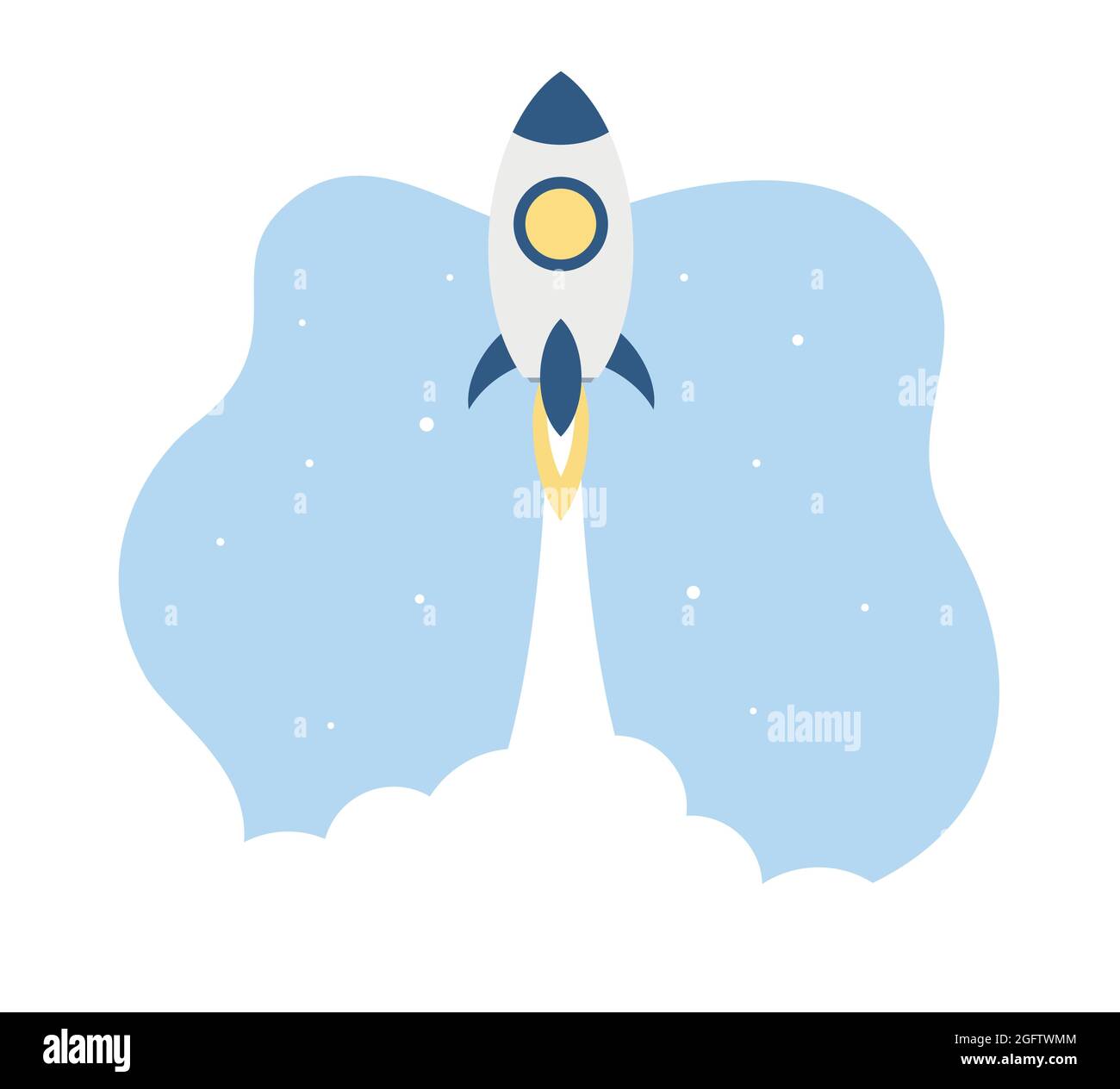 The rocket launches into space on isolated fluid background, flat ...