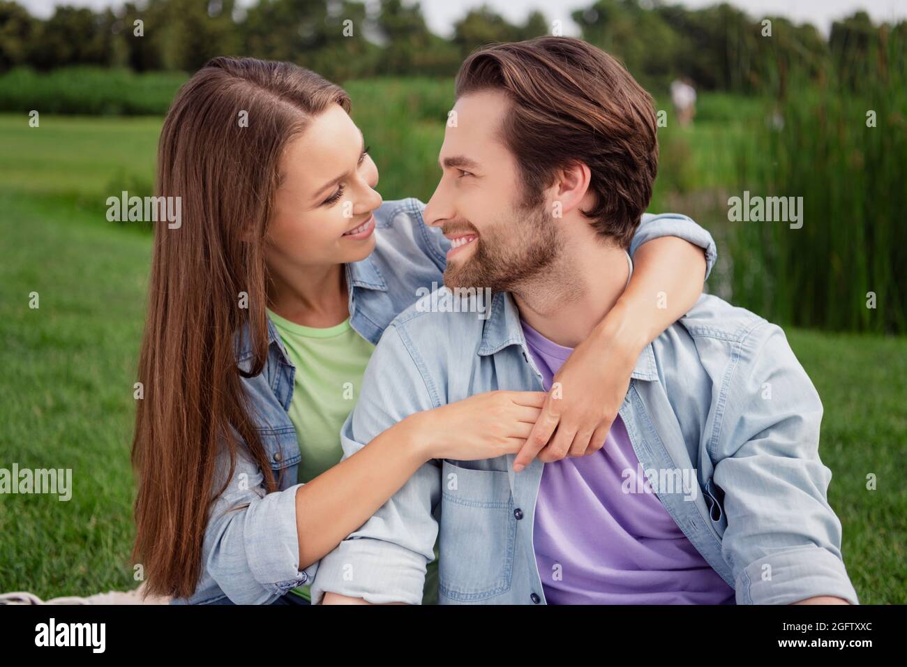 Photo of smiling cheerful good mood lovely married couple hug embrace ...
