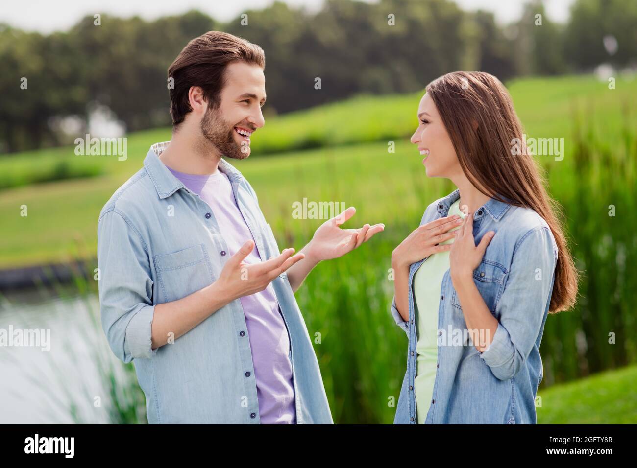 Photo of good mood positive couple married wife husband relaxing ...