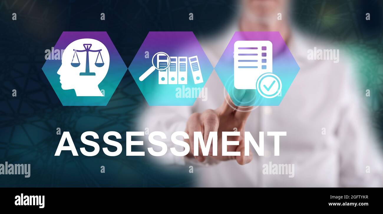 Man touching an assessment concept on a touch screen with his finger ...