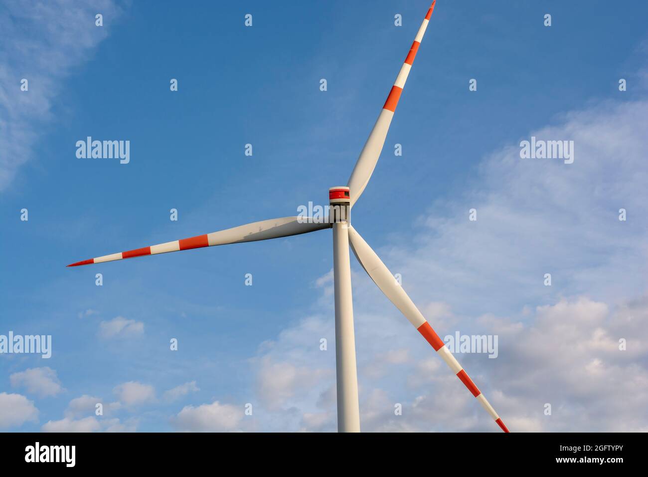 Wind turbines or windmills generating electricity. Renewable electric ...