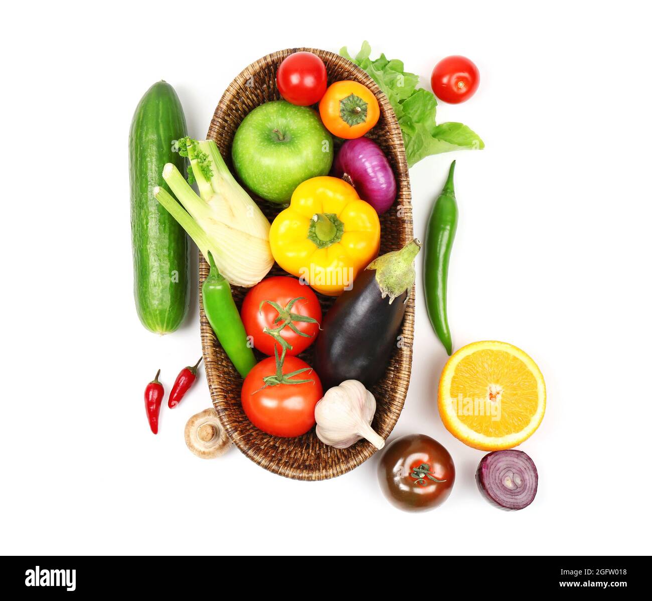 Fresh vegetables and fruit in basket on white background Stock Photo ...