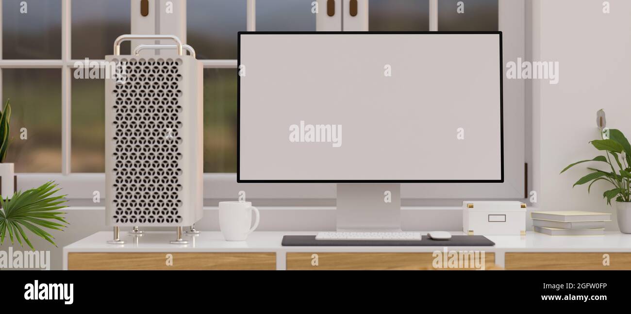 Modern loft industrial home office interior design with computer ...