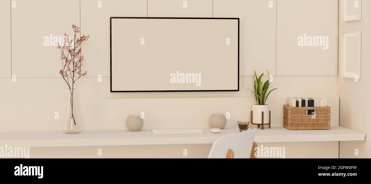 Modern home office interior, Stylish working space with computer screen ...