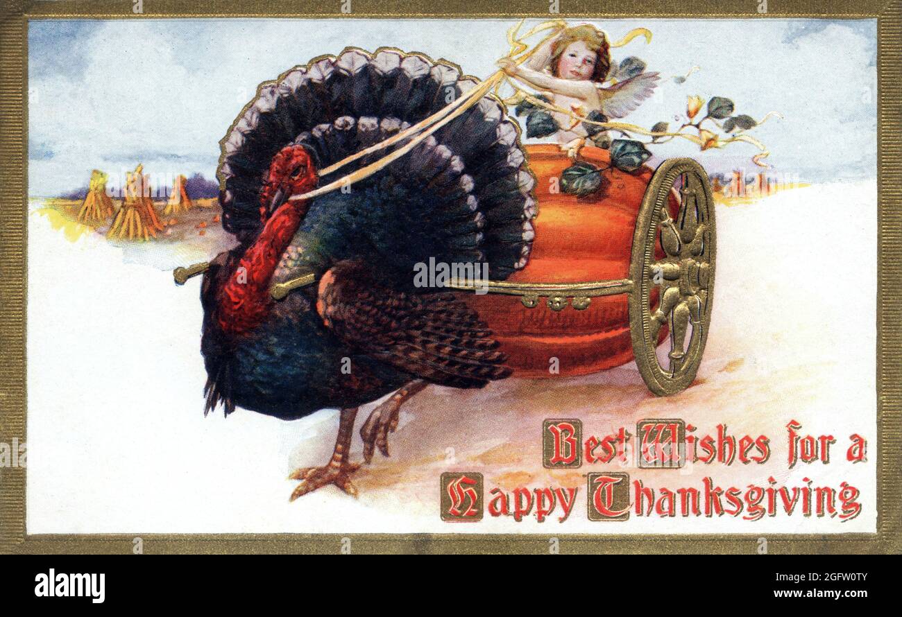 Illustration of an angel on a pumpkin wagon on a vintage Thanksgiving ...