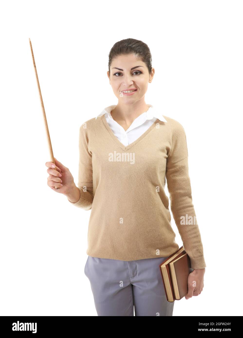 Young teacher with pointer on white background Stock Photo - Alamy