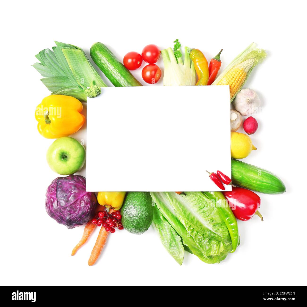 Sheet of paper and colourful fruits and vegetables on white background ...