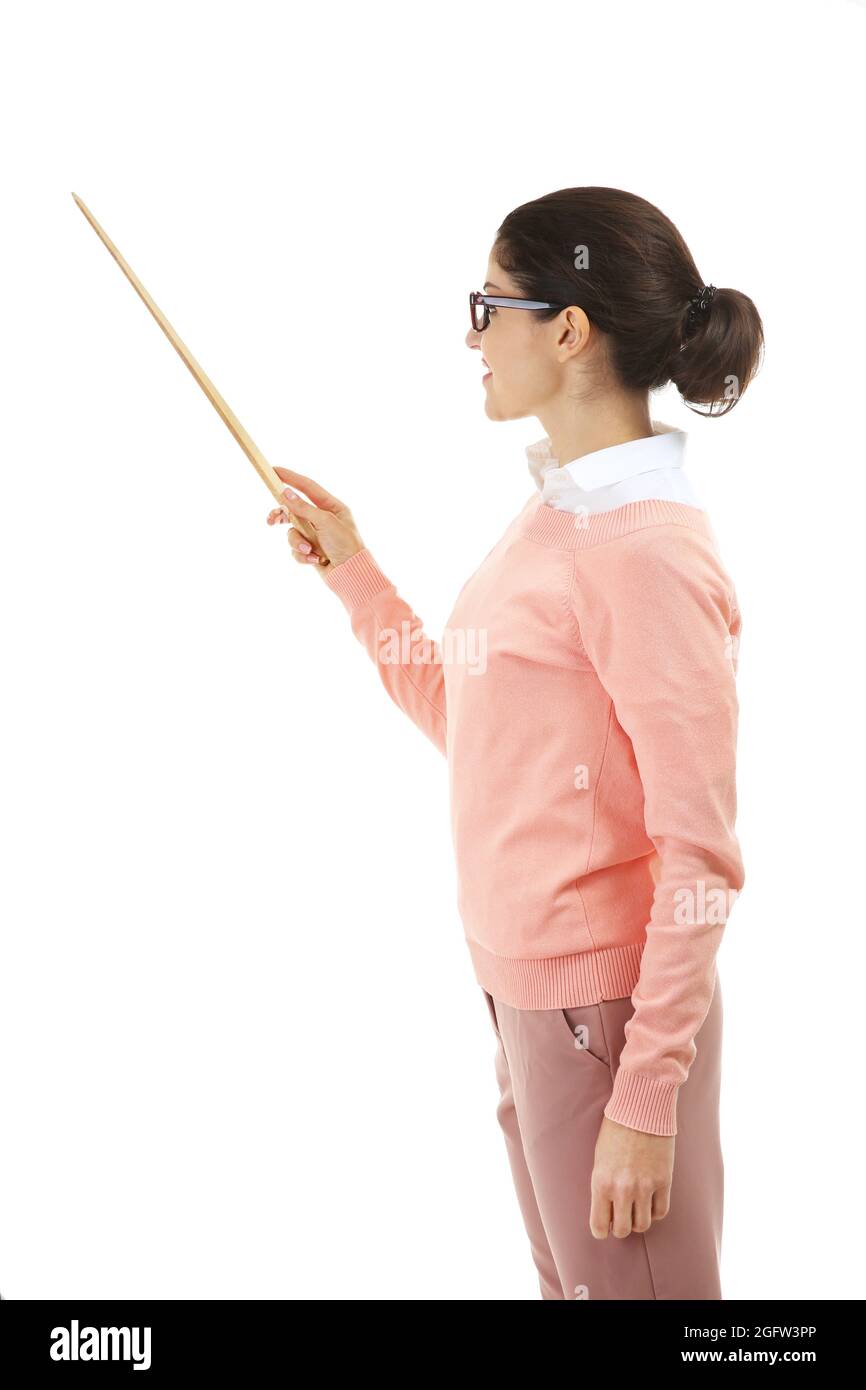 Young teacher with pointer on white background Stock Photo - Alamy
