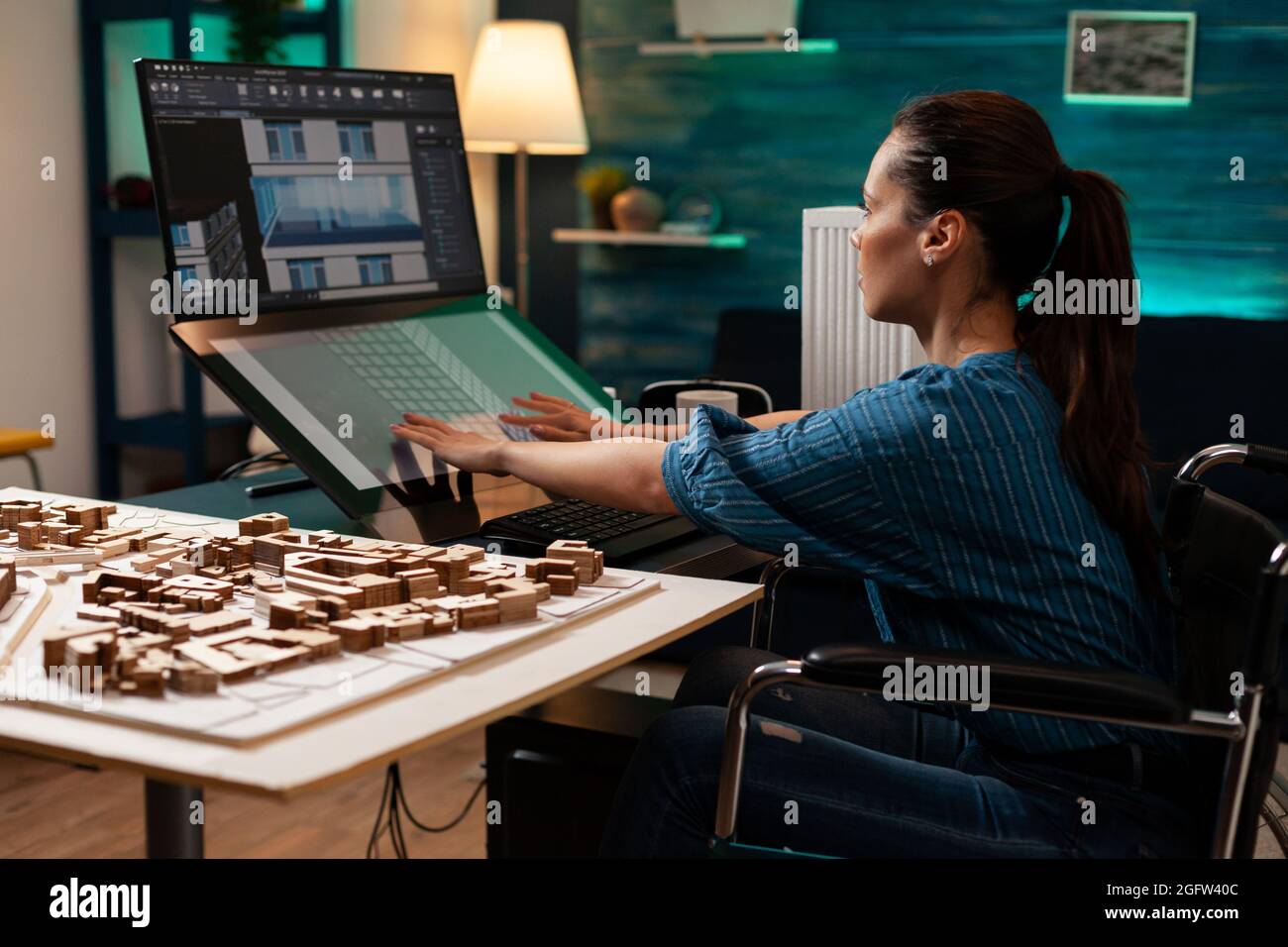 Digital engineer working on virtual blueprint building plan sketch on ...