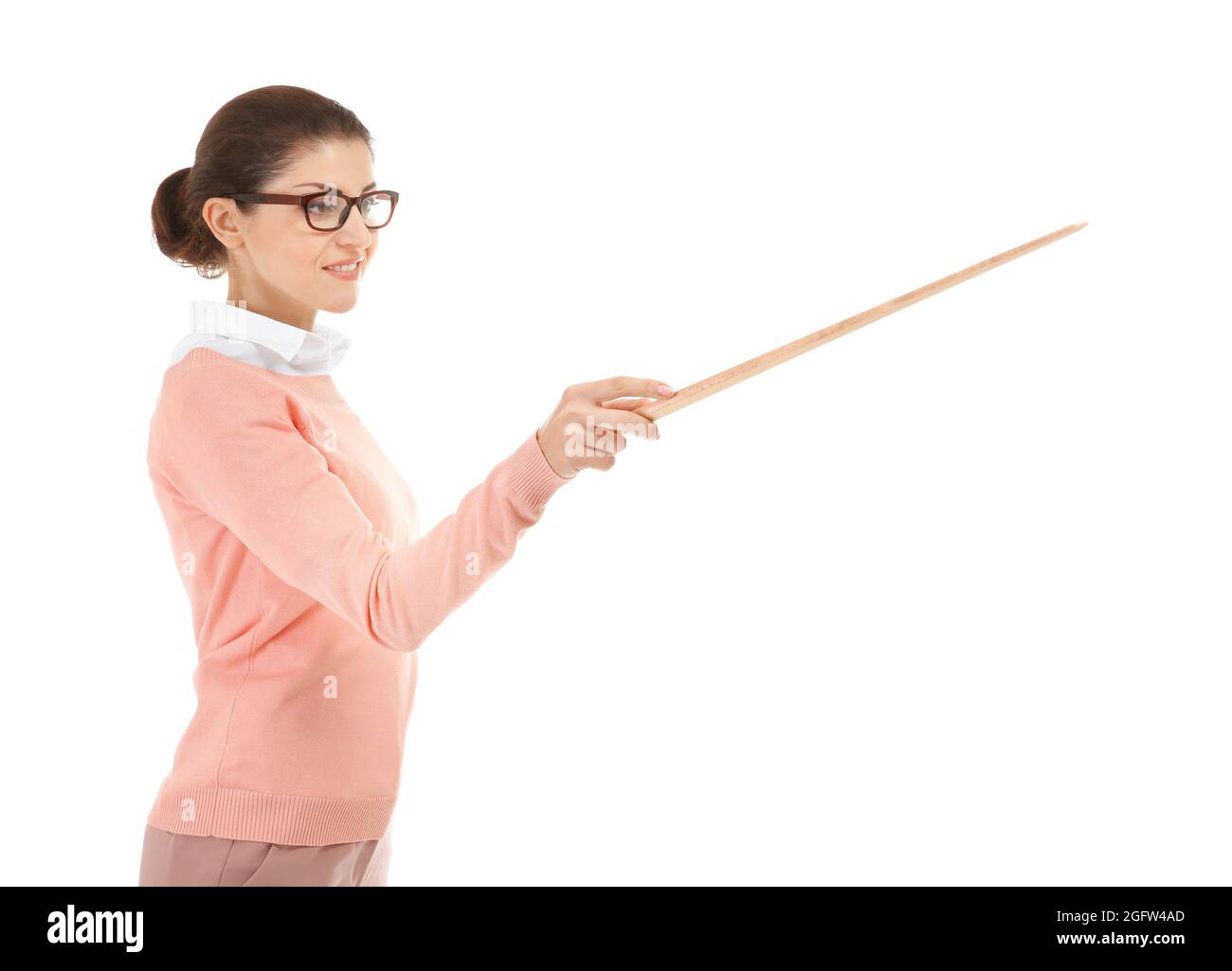 Young teacher with pointer on white background Stock Photo - Alamy